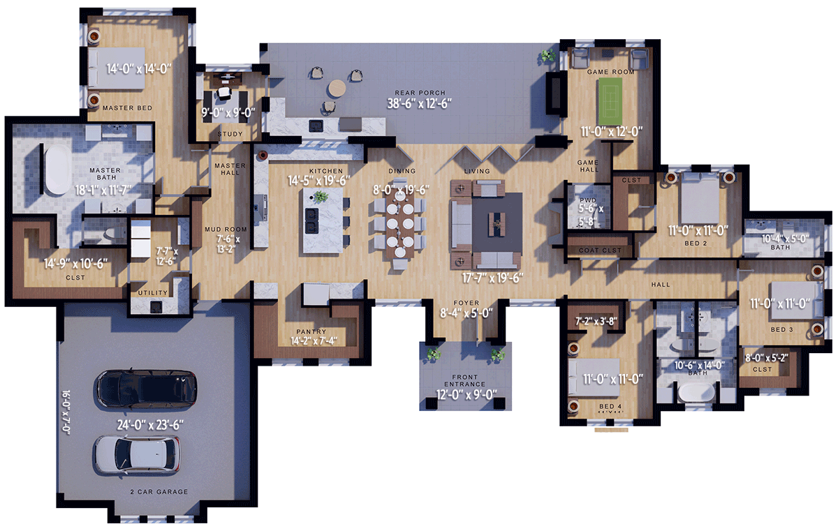 Plan 430100LY: Single-Story Hill Country House Plan with Game Room ...