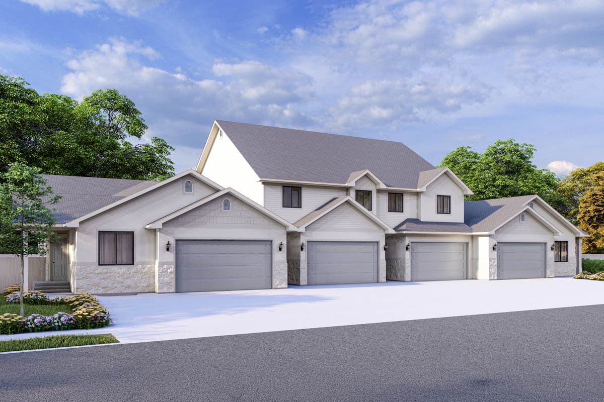 Plan 61592UT: Traditional Fourplex House Plan with 2-Car Garage Per ...