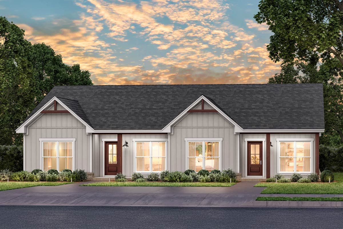 Plan 51991HZ: Single-Story Multi-Family Farmhouse Plan with 2-Bed Units ...