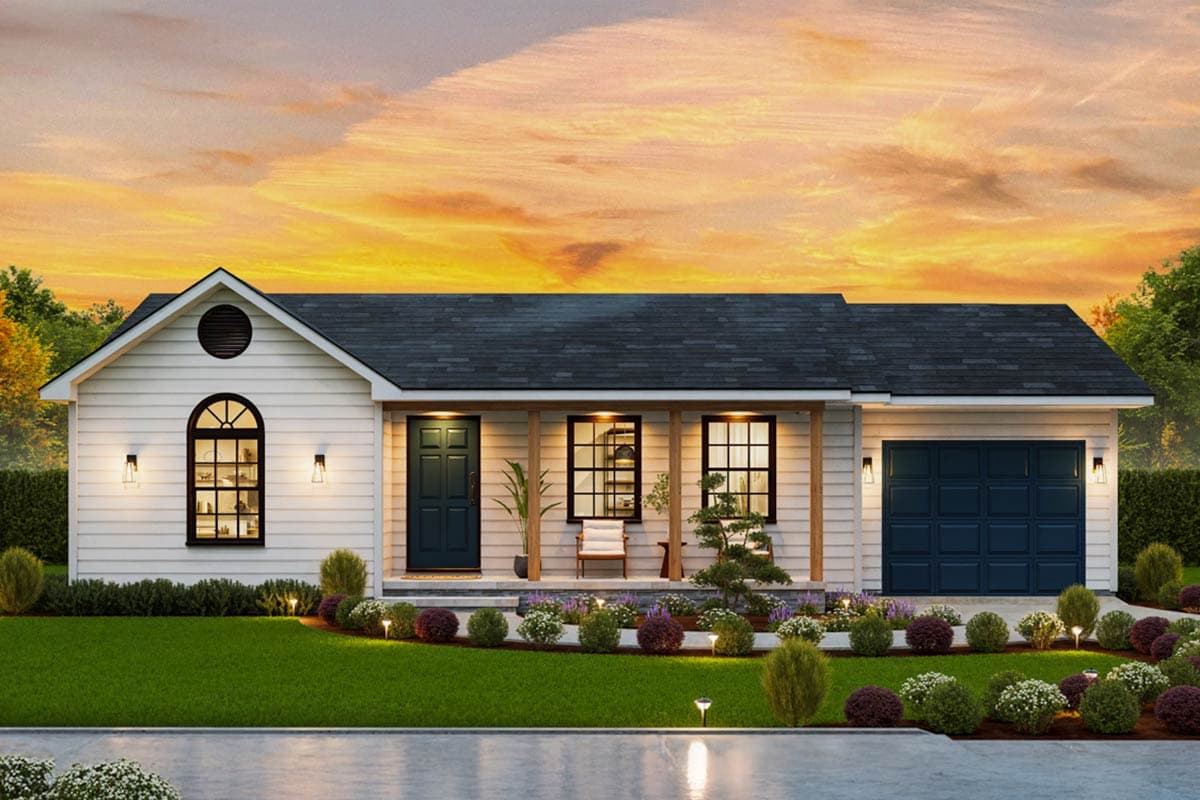 Plan 25893GE: Charming 2-Bed Cottage with Front Porch and Open Living Area