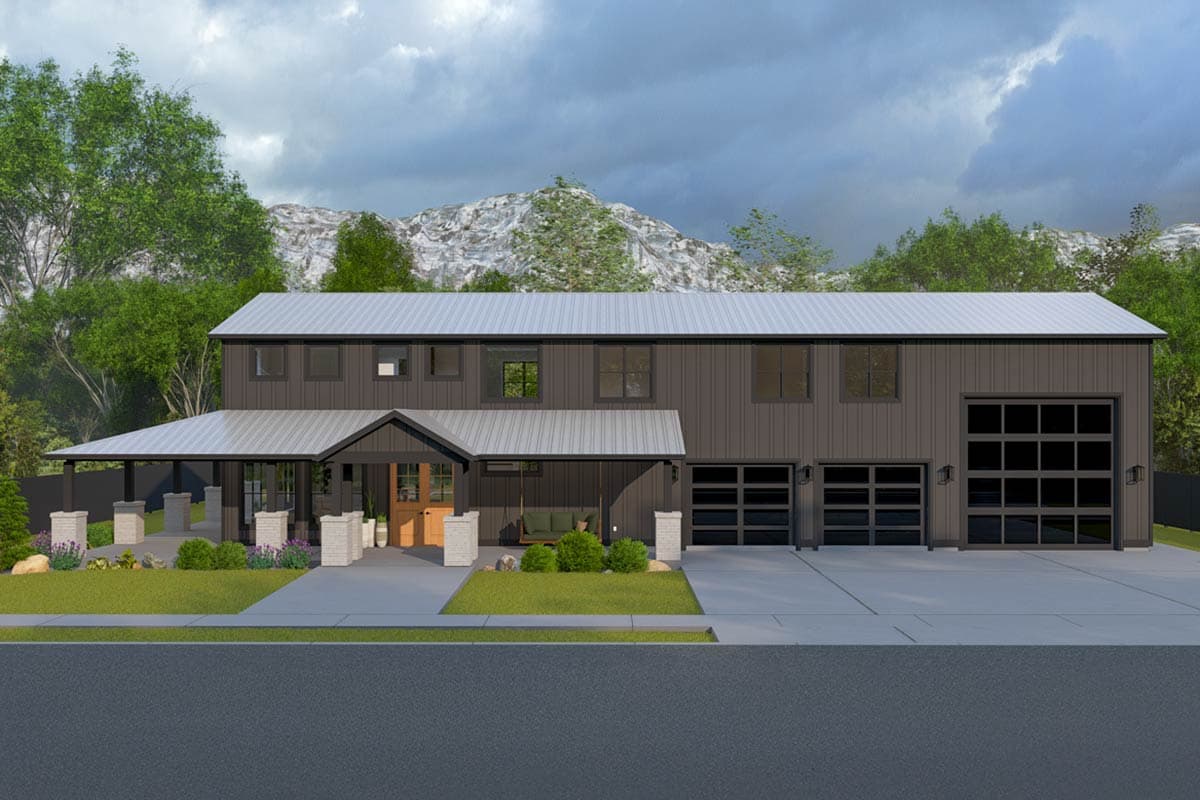Plan 61636UT: Modern 2-Story Barndominium with Wrap Around Porch and 3 ...