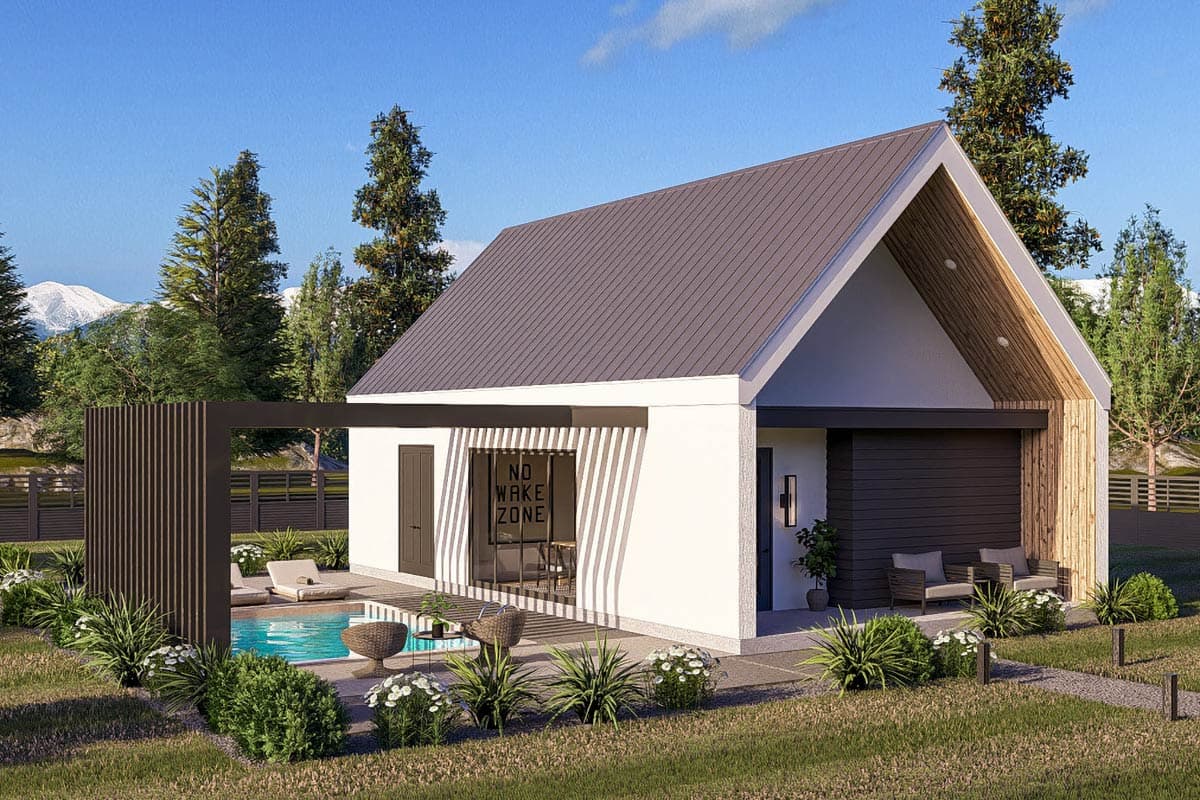 Plan 623540DJ: Contemporary 1-Bedroom Pool House with Expansive Porch Space