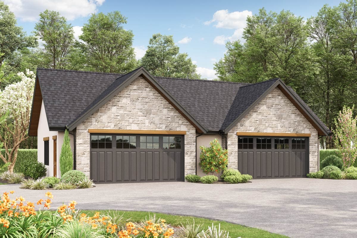 Plan 95307RW: Spacious Stone and Stucco 4-Car Detached Garage House Plan