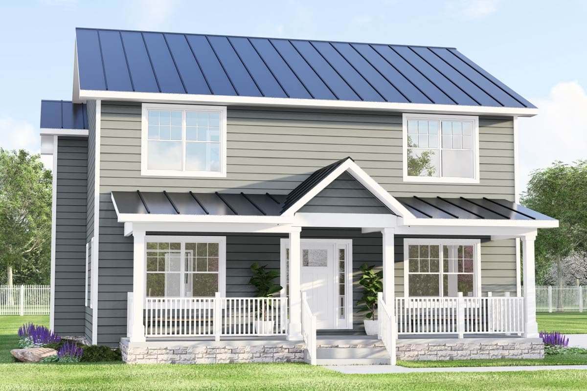 Plan 135379GRA: 4-Bedroom House Plan with Covered Porch and Upstairs Master