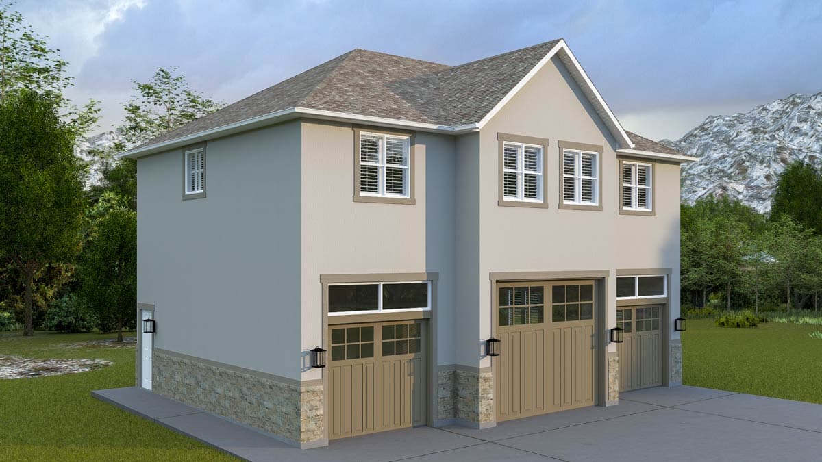 Plan 61669UT: Traditional Stucco Home and Garage Plan with 3-Car Bay