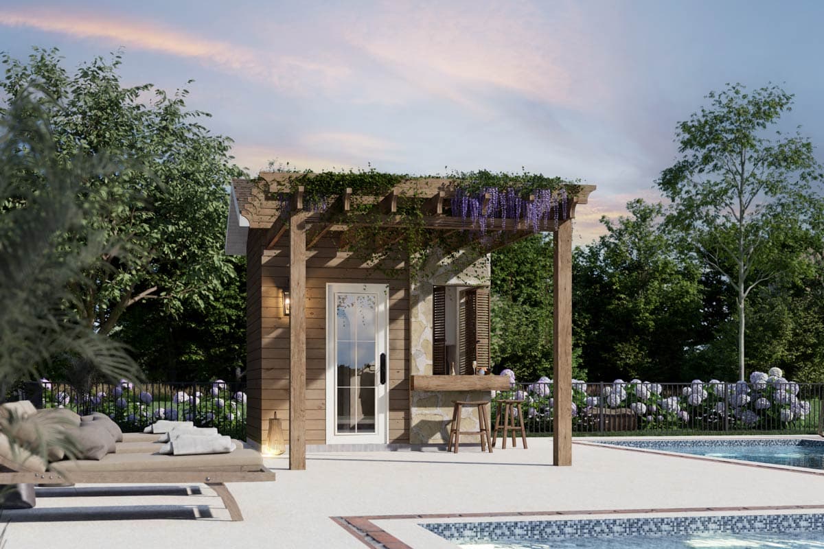 Plan 22749DR: Charming 80 Sq Ft Pool House Plan with Outdoor Bar