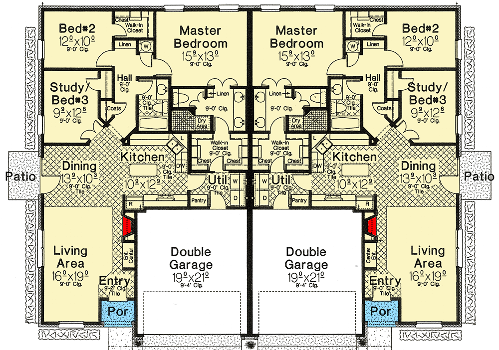 Plan 48273FM: Duplex House Plan with Matching 2 (or 3) Bedroom Units