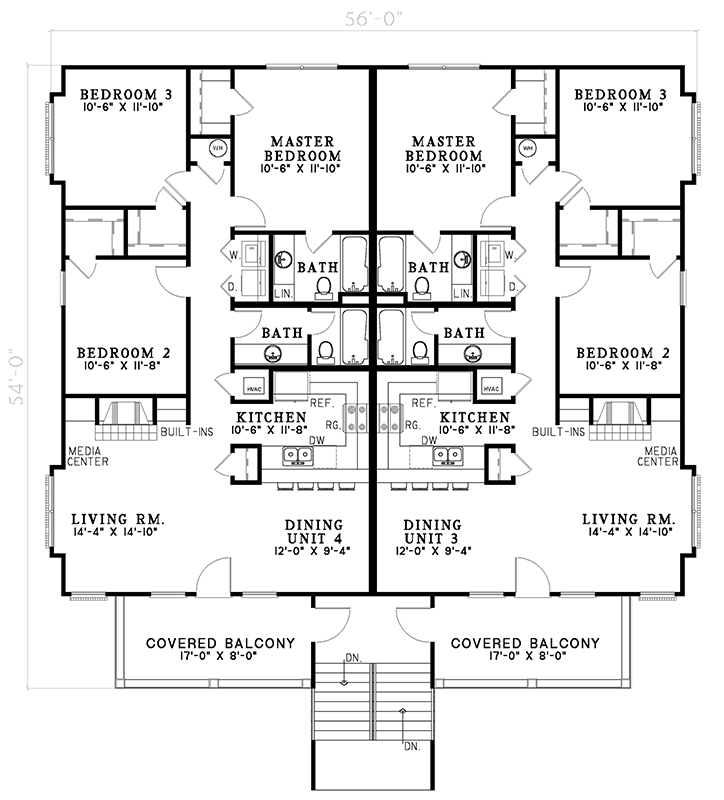 Plan 59529ND: Fourplex House Plan with 1258 Sq Ft Units with 3 Beds ...