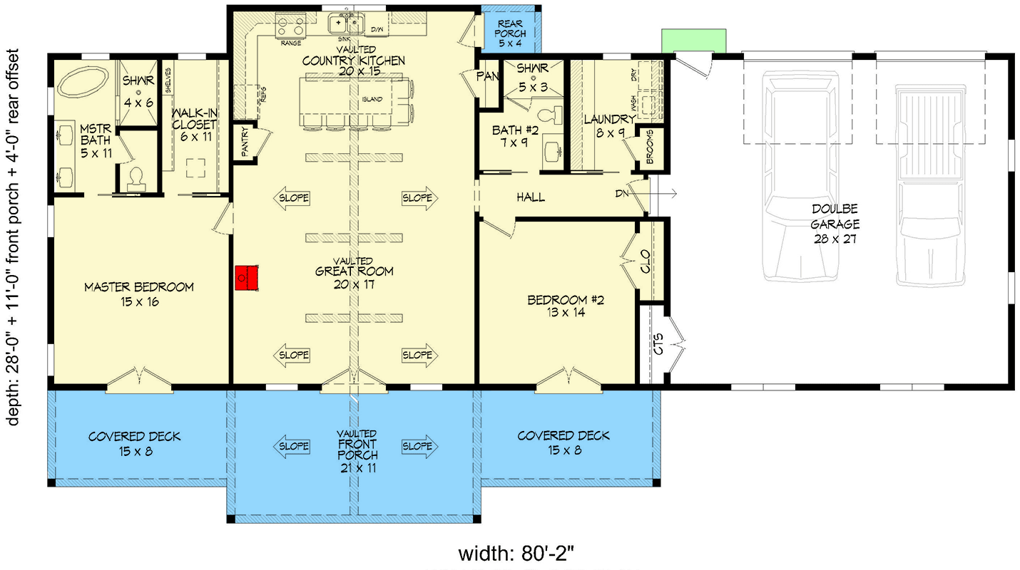 2-Bed Country Ranch House Plan with Rear Facing 2-Car Garage - 1523 Sq ...
