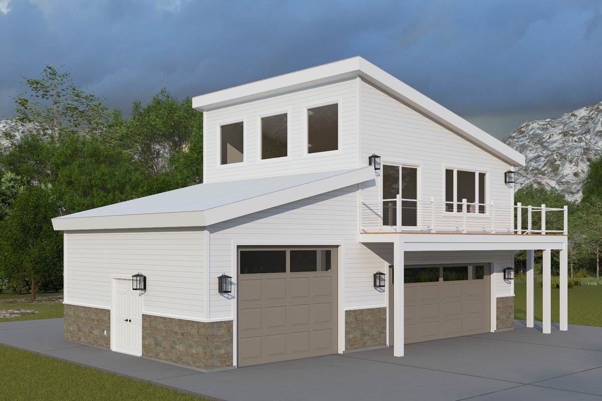3-Car Contemporary Garage Plan with Upstairs Flex Room - 645 Sq Ft ...