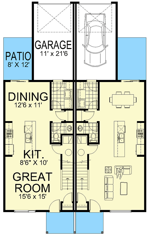 Two-Story Duplex House Plan with Symmetrical Units Each 1462 Sq Ft ...