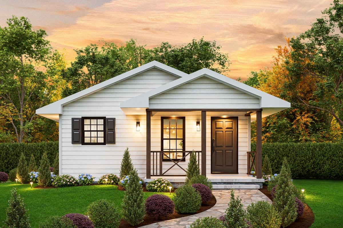 2-Bed Narrow Country Cottage House Plan Under 850 Sq Ft - 25874GE ...