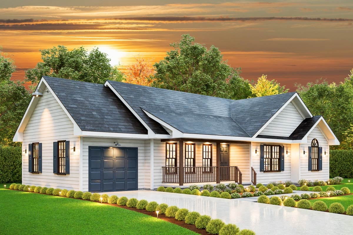 Single-Story Traditional Ranch House Plan with Vaulted Living Room ...