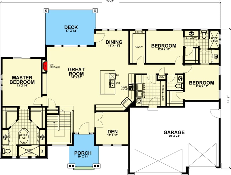 Plan 267024SPK: Single-story Prairie Home Plan with Den and Private ...
