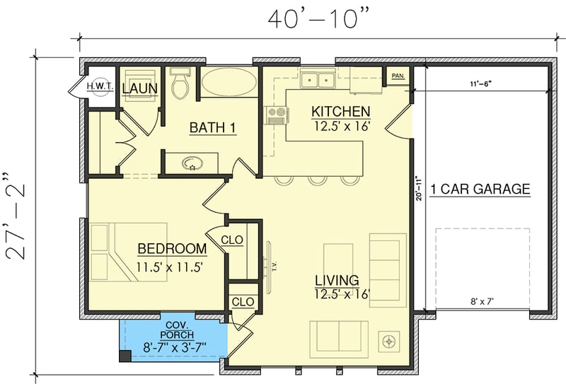 Plan 421531CHD: 708 Square Foot One Bed House Plan with One-Car Garage