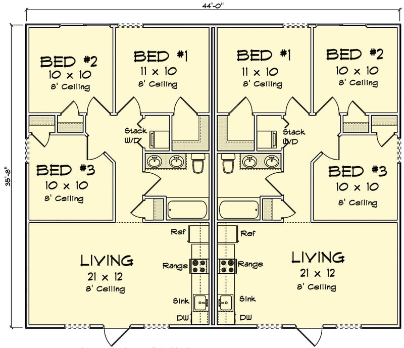 Plan 52402WM: Single-Story Duplex House Plan with 3-Beds Under 800 Sq ...