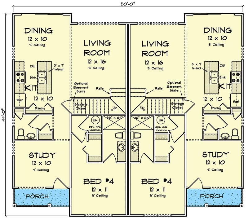 Plan 52444WM: Spacious 2-Story Duplex with 4 Bedrooms and Covered Front ...