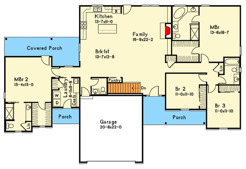 Plan 22199SL: Traditional Ranch House Plan with 4 Beds and Dual Suites