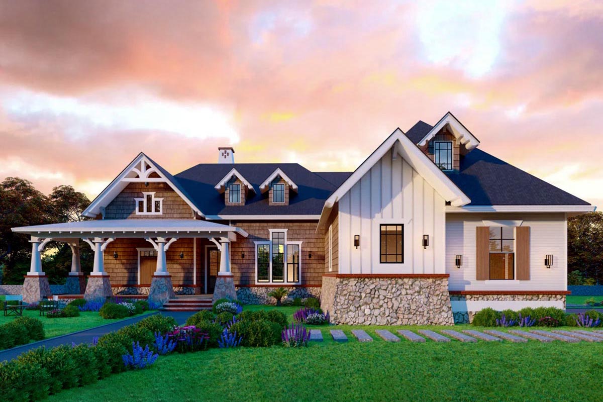 Plan 15636GE: Mountain Modern Farmhouse with Angled Lodge Room and ...