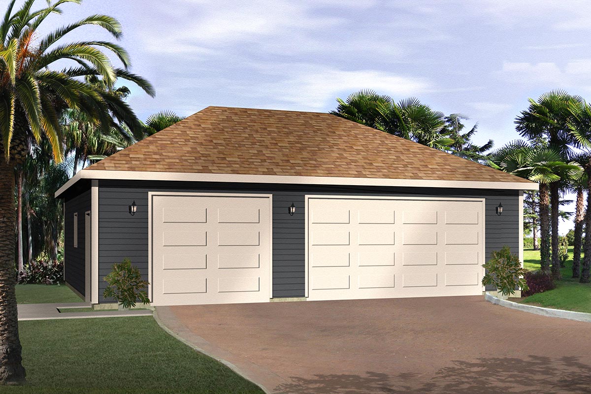 Plan 22053SL: Hip Roof 3-Car Drive-Thru Garage