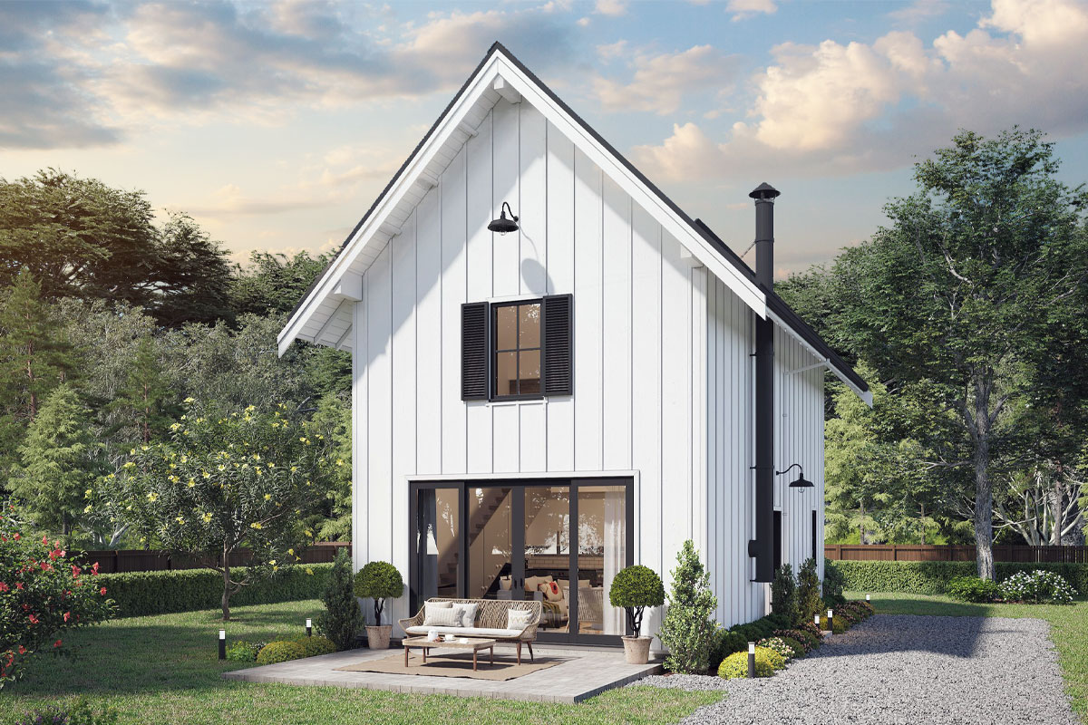 Plan 67779NWL: Small Modern Farmhouse with Two-Story Great Room - 893 Sq Ft