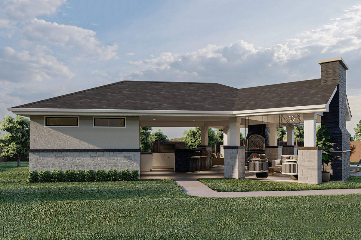 Plan 62967DJ: Poolhouse Plan with Two Angled Covered Patios