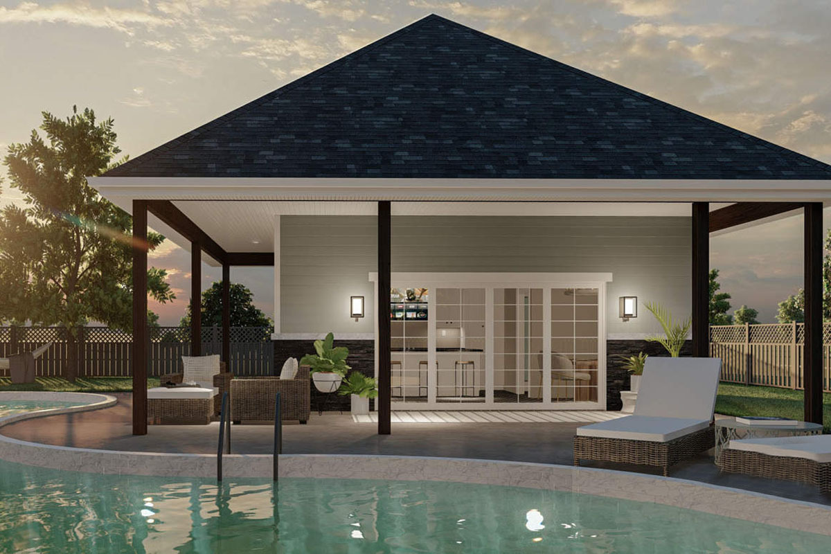 Hip Roofed Poolhouse Plan with Wet Bar and Bath - 62969DJ ...