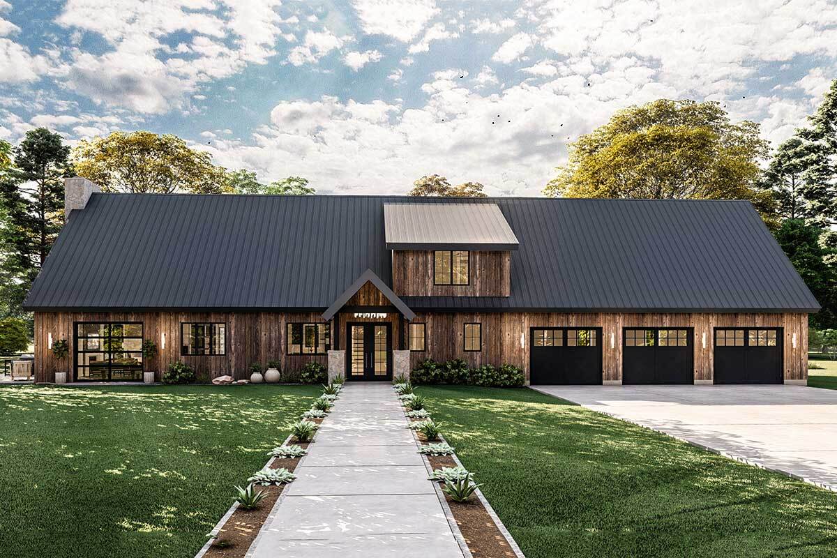 Rustic Barndominium-Style House Plan with Overhead Doors That Bring the ...