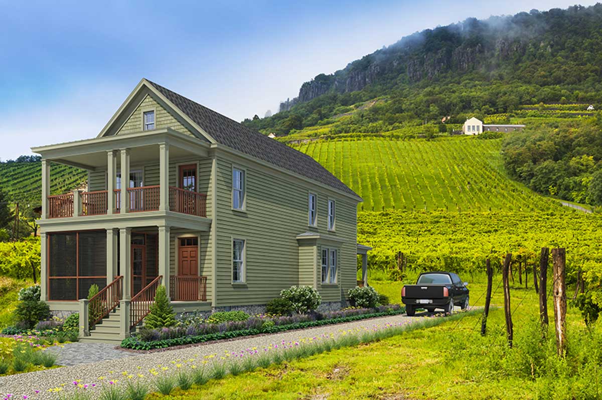 Plan 31599GF: Narrow Country Home Plan with Stacked Front Porches