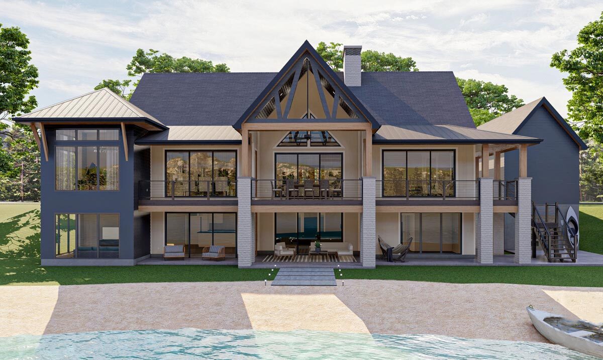 Contemporary Lake House Plan with Vaulted Great Room and Covered Deck ...