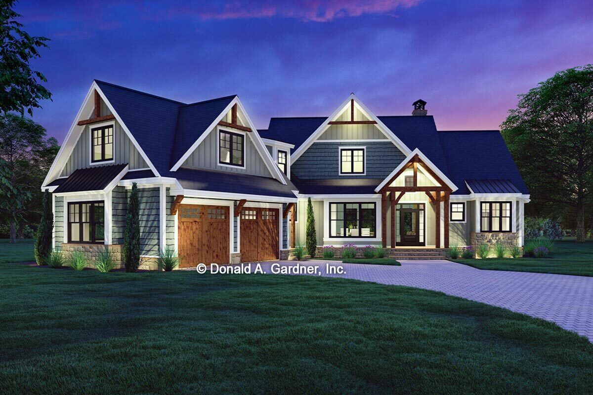 Mountain Craftsman with Angled 2-Car Garage and a Rear Porch with ...