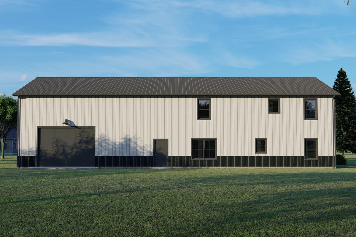 Rectangular Barndominium with L-Shaped Porch and Drive-Through Garage ...