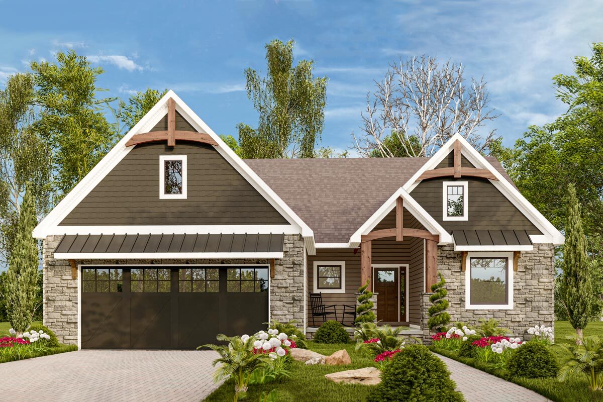 Rustic Wood-and-Stone Craftsman Home with Home Office and Vaulted Great ...