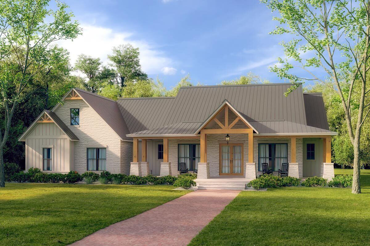 4-Bed Hill Country Farmhouse with 8'-deep Front Porch, Home Office and ...
