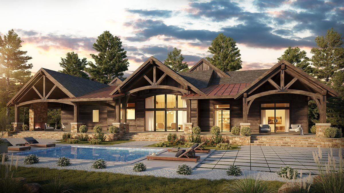 3-Bed Rustic Family Lodge House Plan with 3-Car Gar with 2 Shop Areas ...