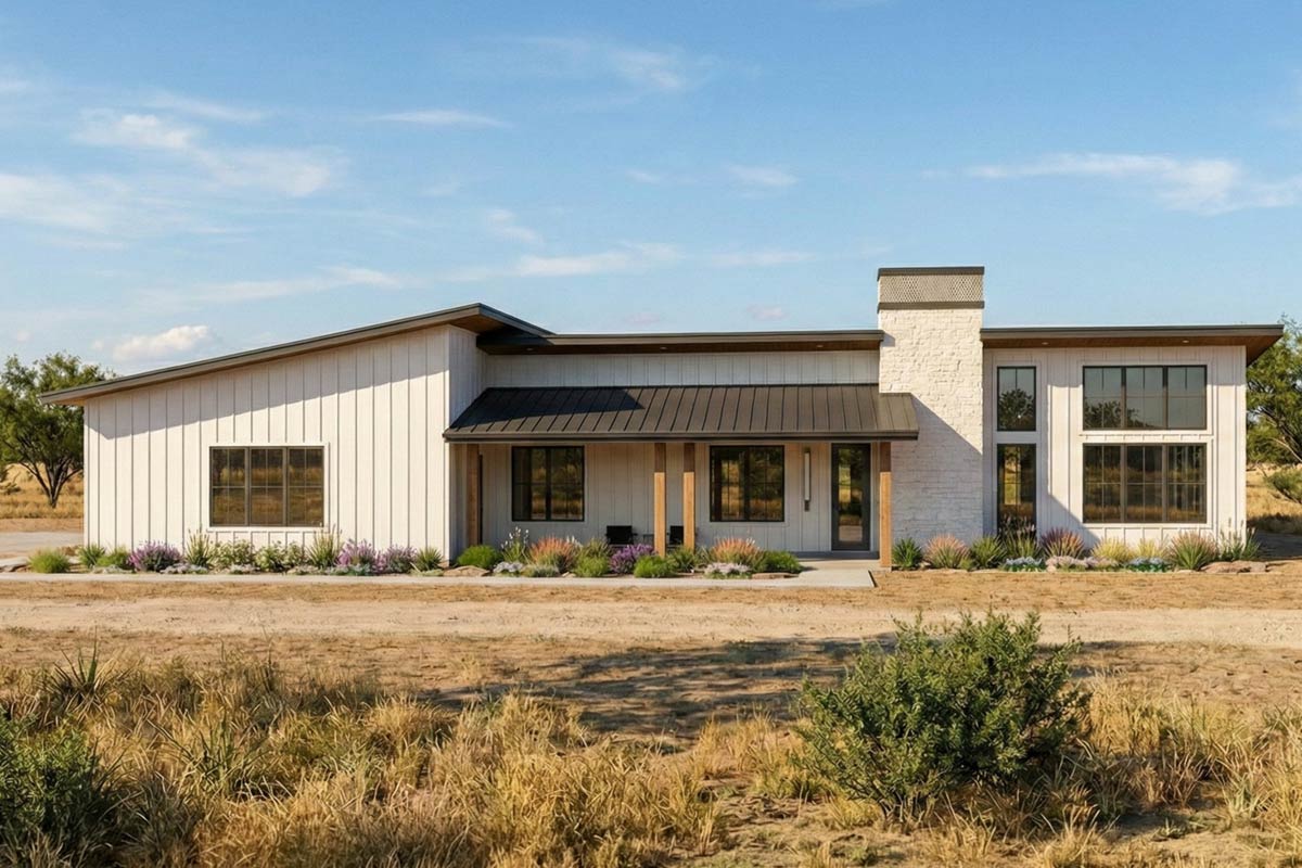 Plan 623187DJ: 1700 Square Foot Modern Barndominium-Style House Plan
