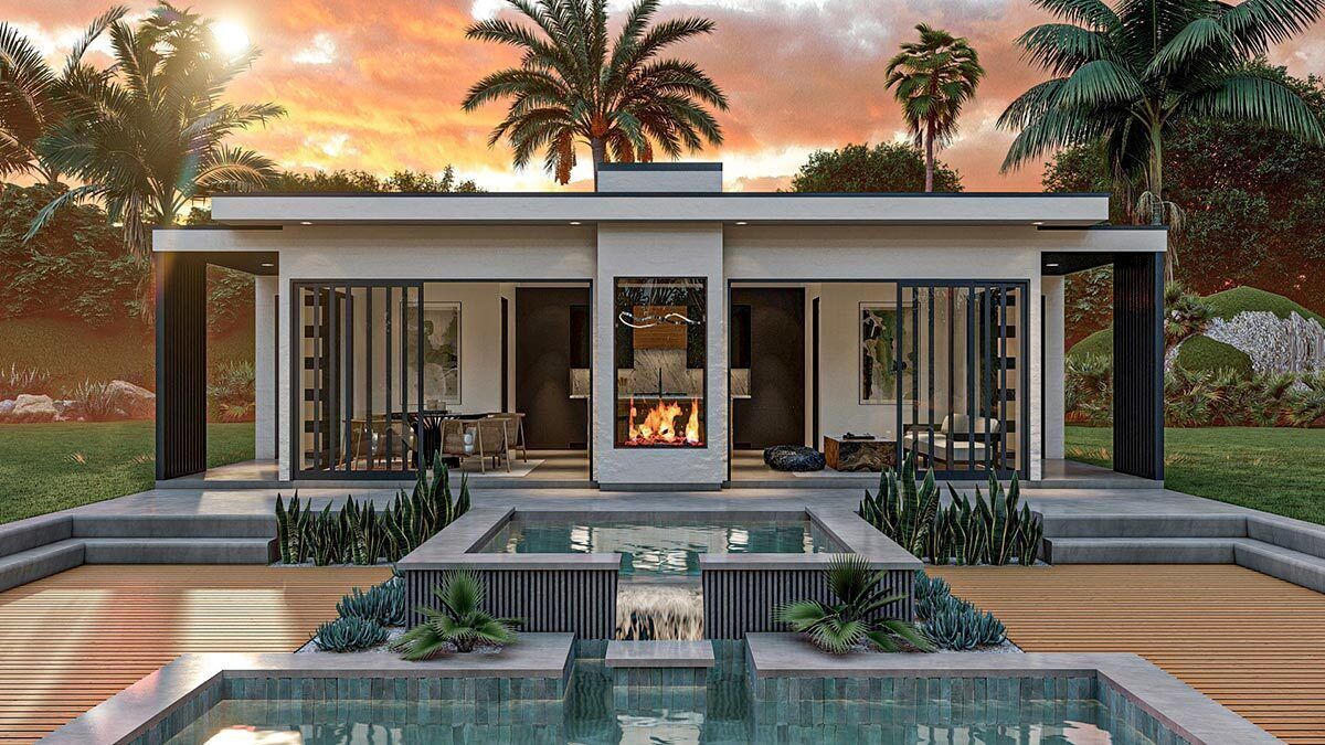 Mid-Century Modern Pool House with 2-Sided Fireplace - 623202DJ ...
