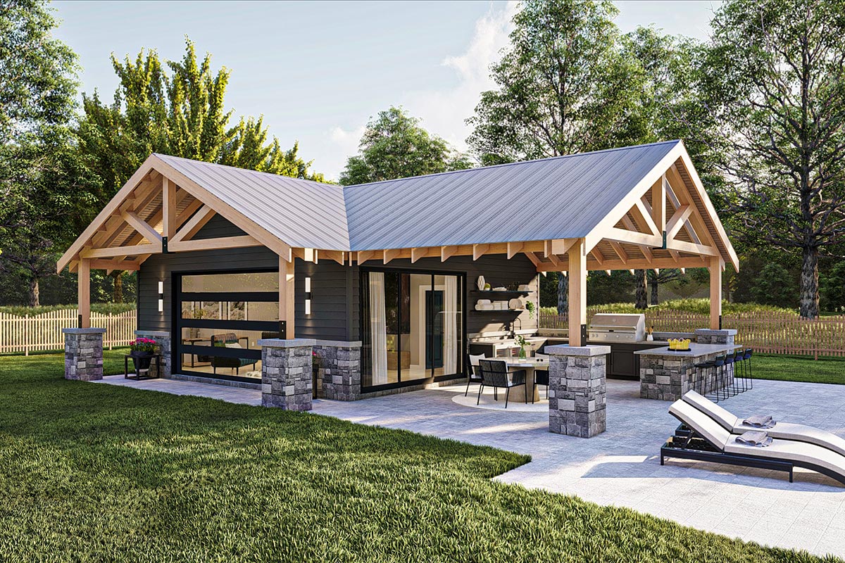 Plan 623206DJ: Rugged and Rustic Craftsman Style Pool House Plan with ...