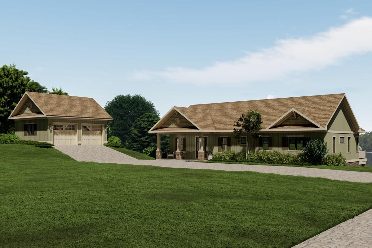 Craftsman Lake House Plan with Detached 2-Car Garage and Great Outdoor ...