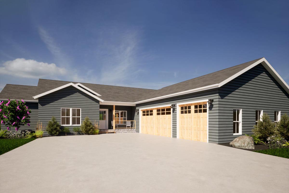 Ranch Garage Addition 3 Doors Farm House Plan 3 Bedrooms, 3 Bath,
