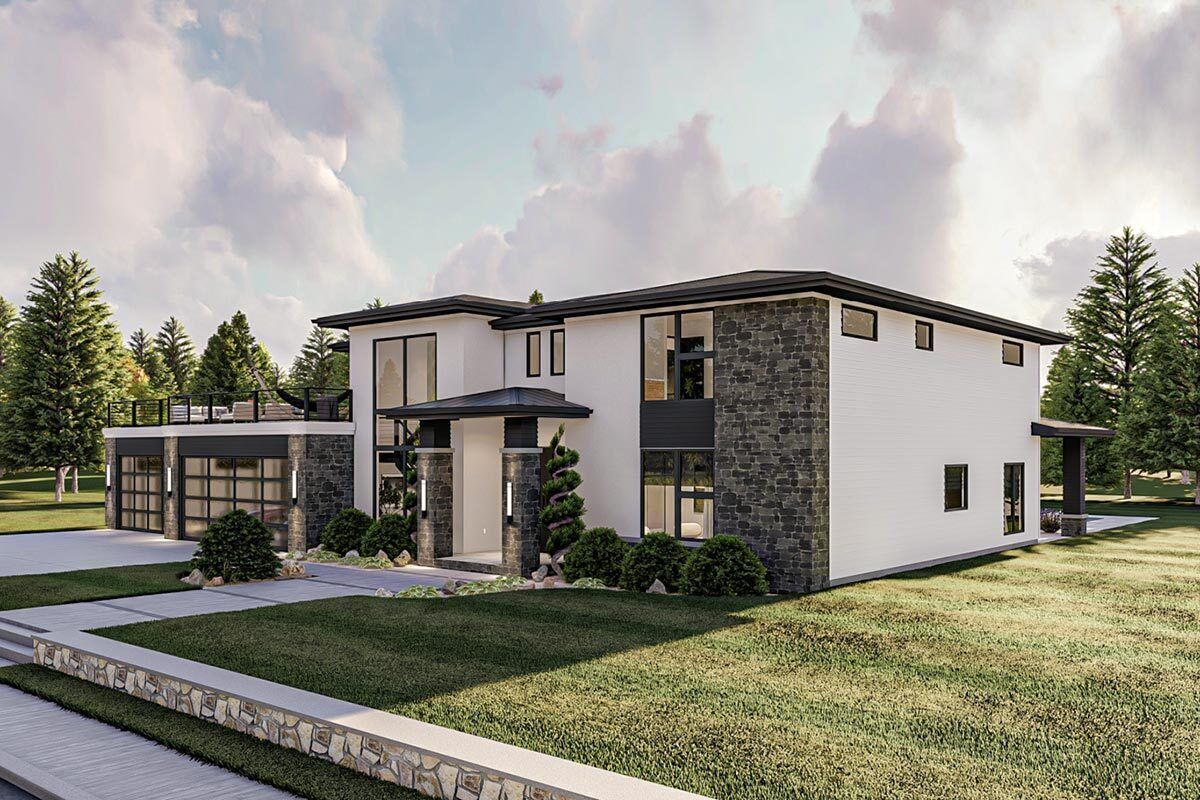 Modern Prairie Style House Plan with Two Levels of Outdoor Living ...