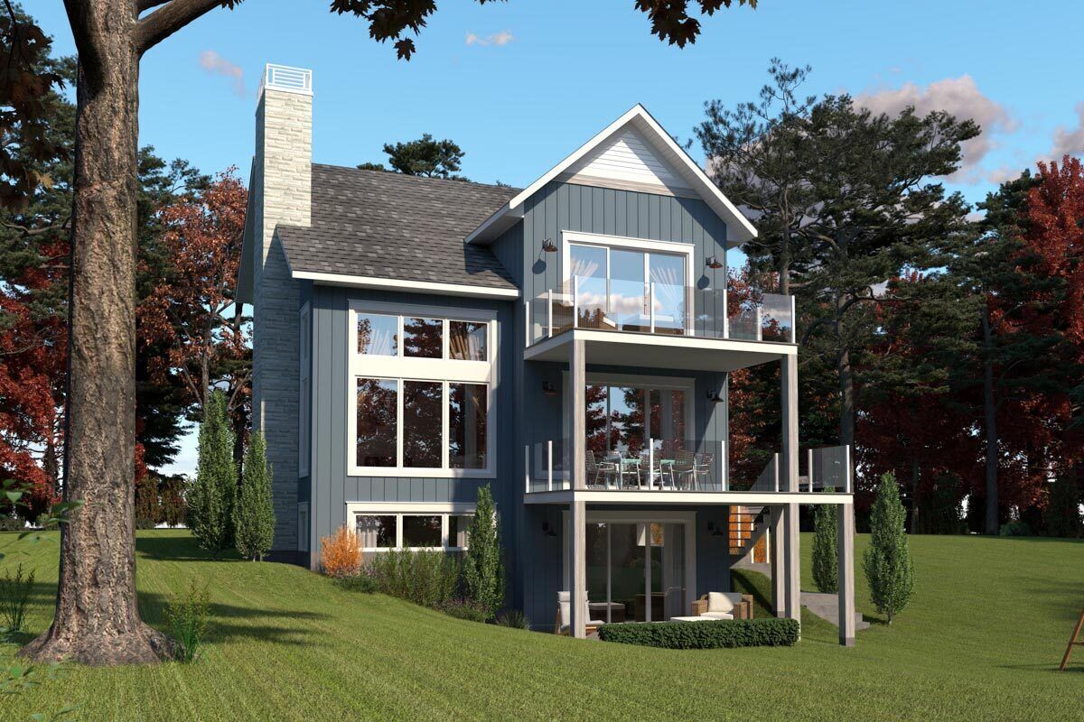 Country Lake House Plan with Stacked Rear Porches for Rear Sloping Lot ...