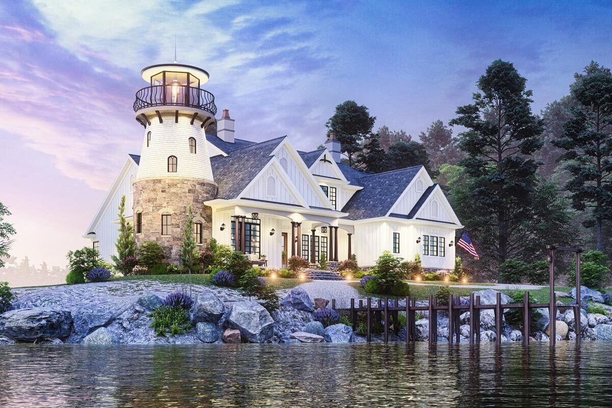Shingle Style Home Plan with Lighthouse and Upper Level Bonus Room ...