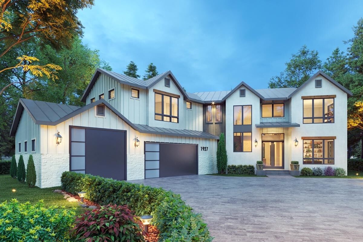 Contemporary 3 Bed House Plan Under 3500 Square Feet with Angled 3-Car ...