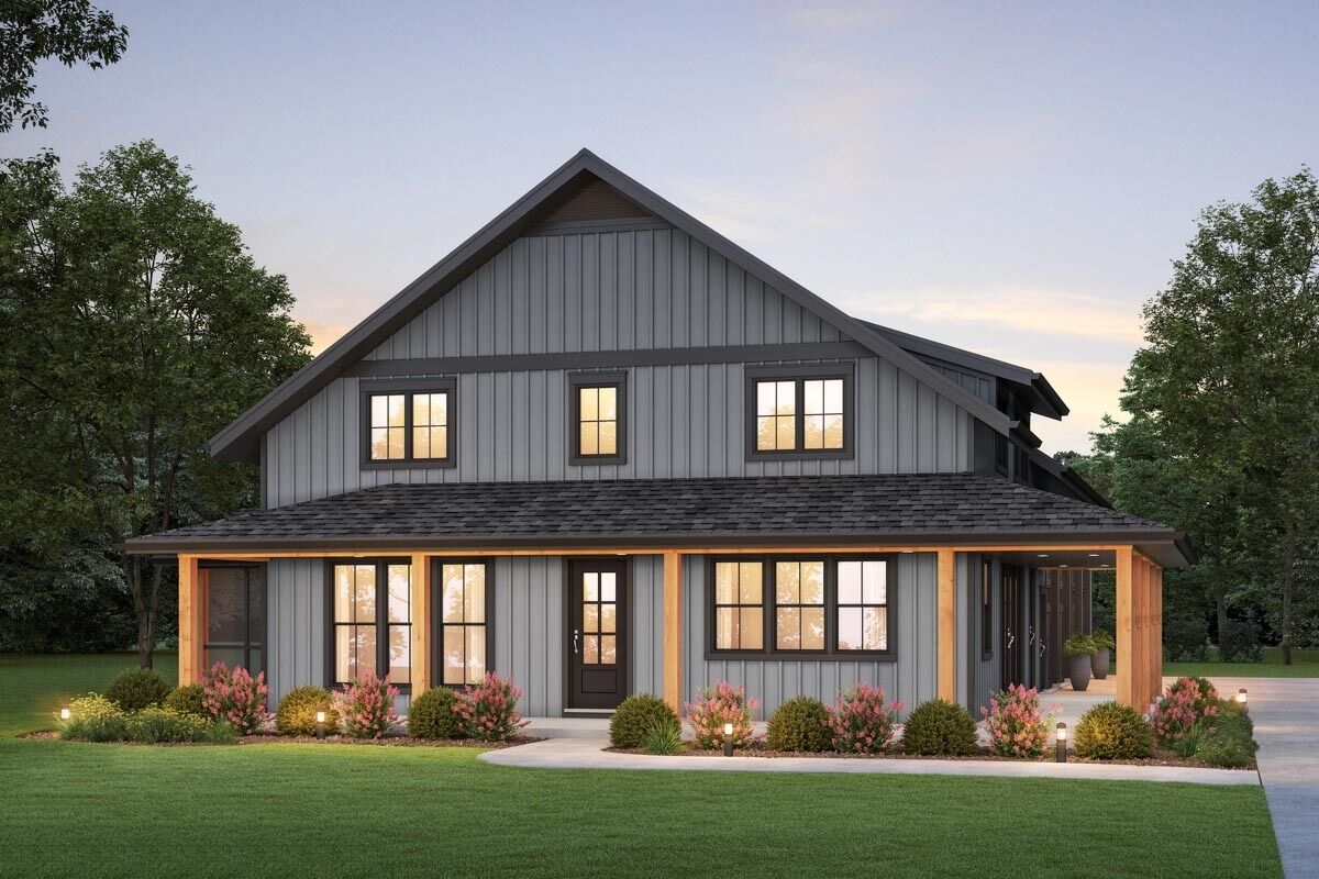 Master-On-Main Barndominium-Style House Plan Under 2600 Sq Ft with 2 RV ...
