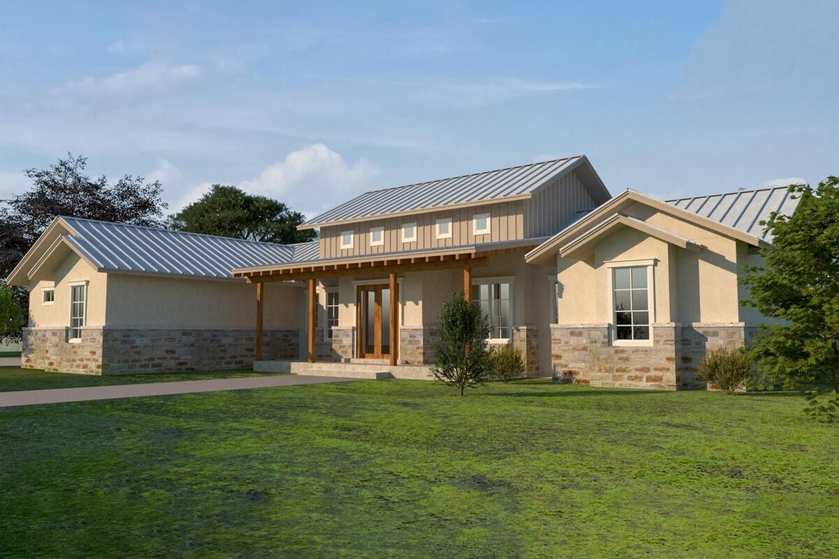 Hill Country Farmhouse Plan with 17-Foot-High Great Room and Two Master ...
