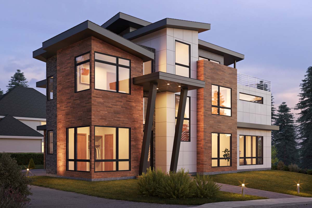 Plan 666238RAF: 3-Story Modern Home Plan with Elevator and Side Garage ...
