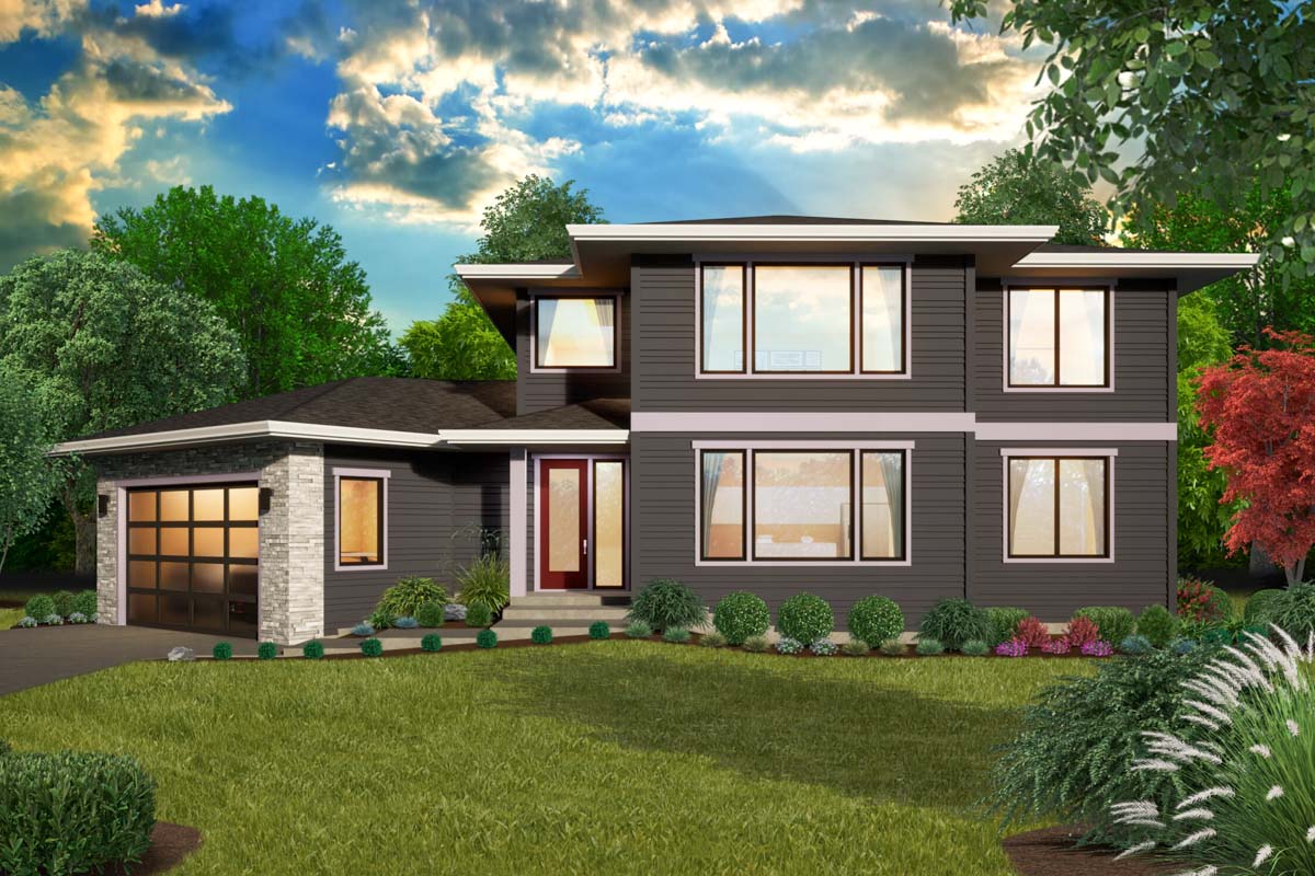 Plan 85449MS: Two-Story Modern Praire Home with Angled Garage and Two ...