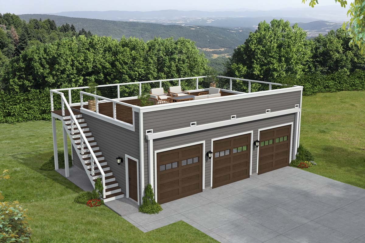 Plan 680349VR: Modern 3-Car Garage with Rooftop Deck