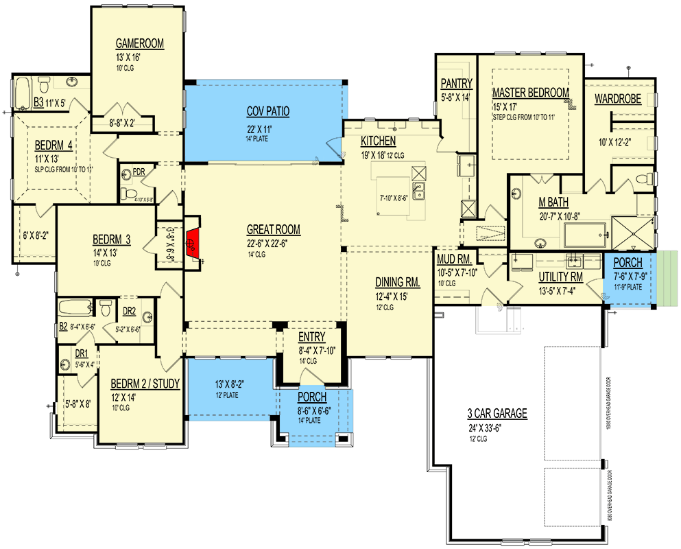 Plan 264204KMD: 4 Bed House Plan with Split Bedrooms, Gameroom ...